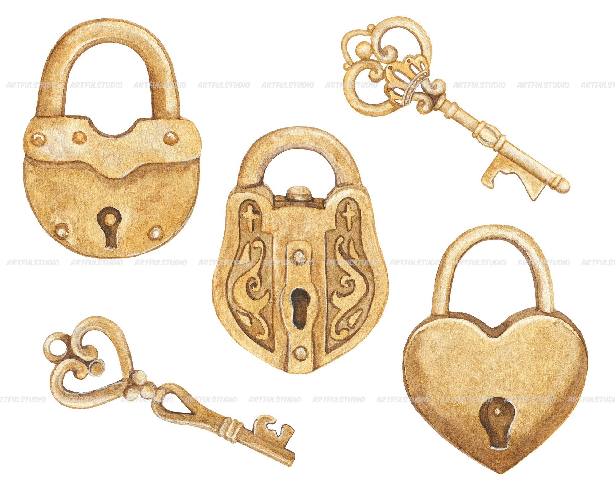 Watercolor Vintage Keys and Locks Clip Art-bronze Antique Keys ...