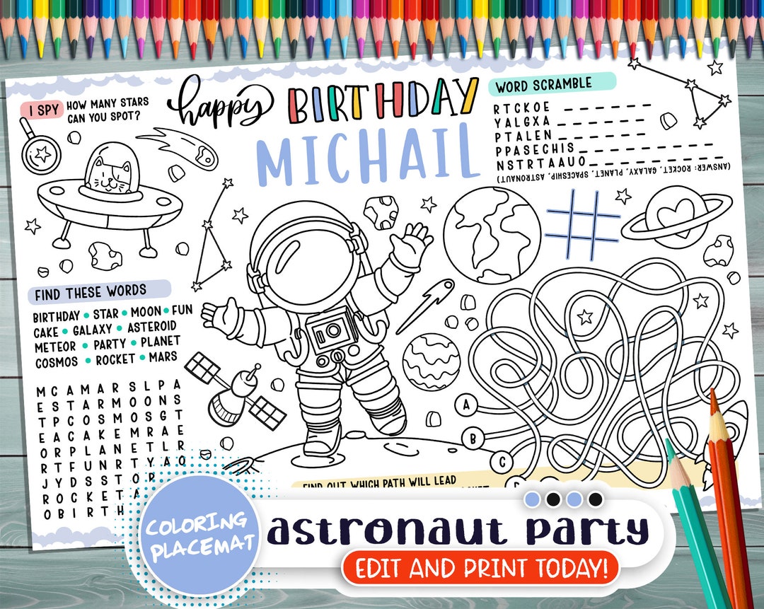 Editable Astronaut Party Placemat - Happy Birthday Activity Sheet ...