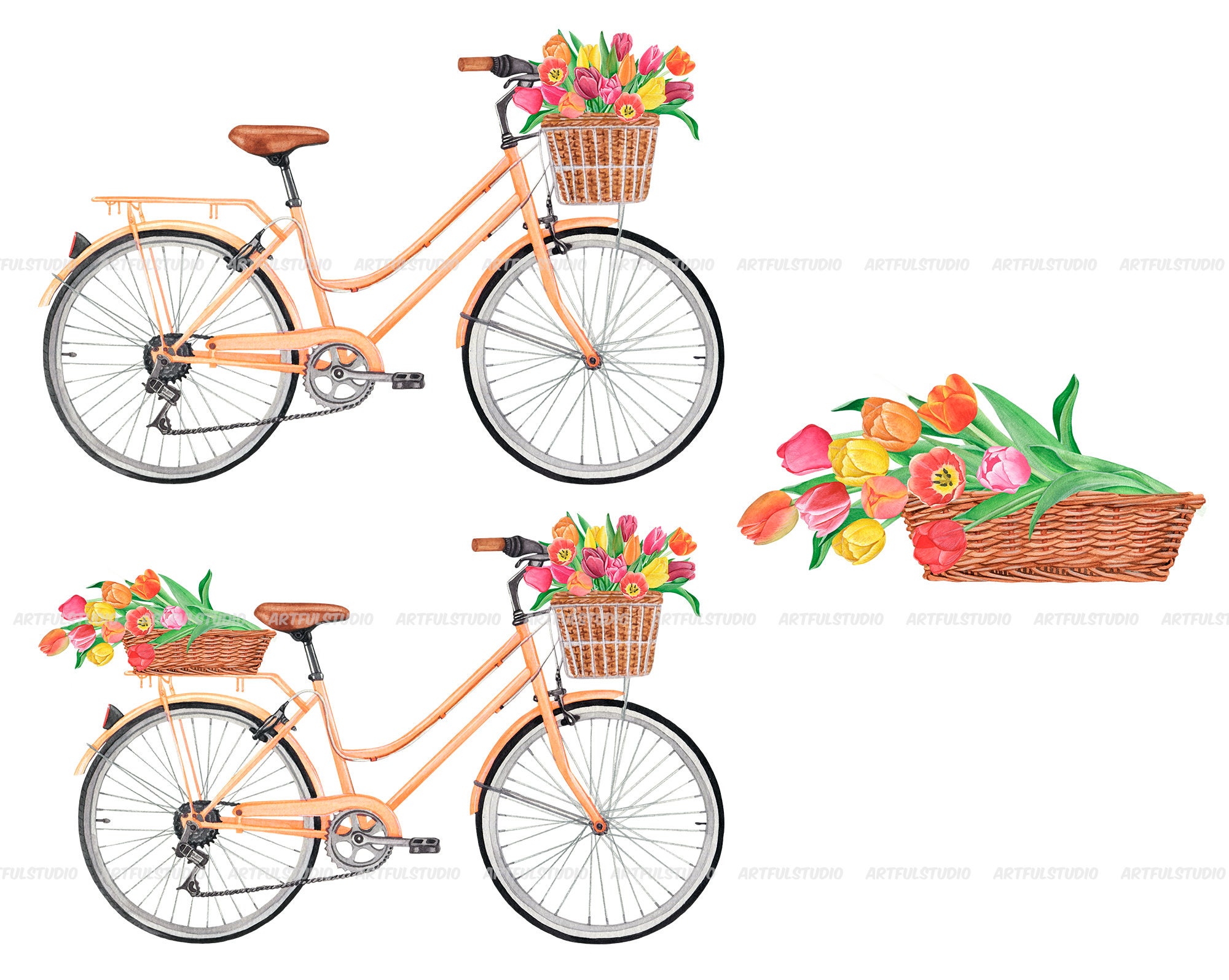 Watercolor Spring Bicycles Clipart Bikes With Flowers-summer Floral ...