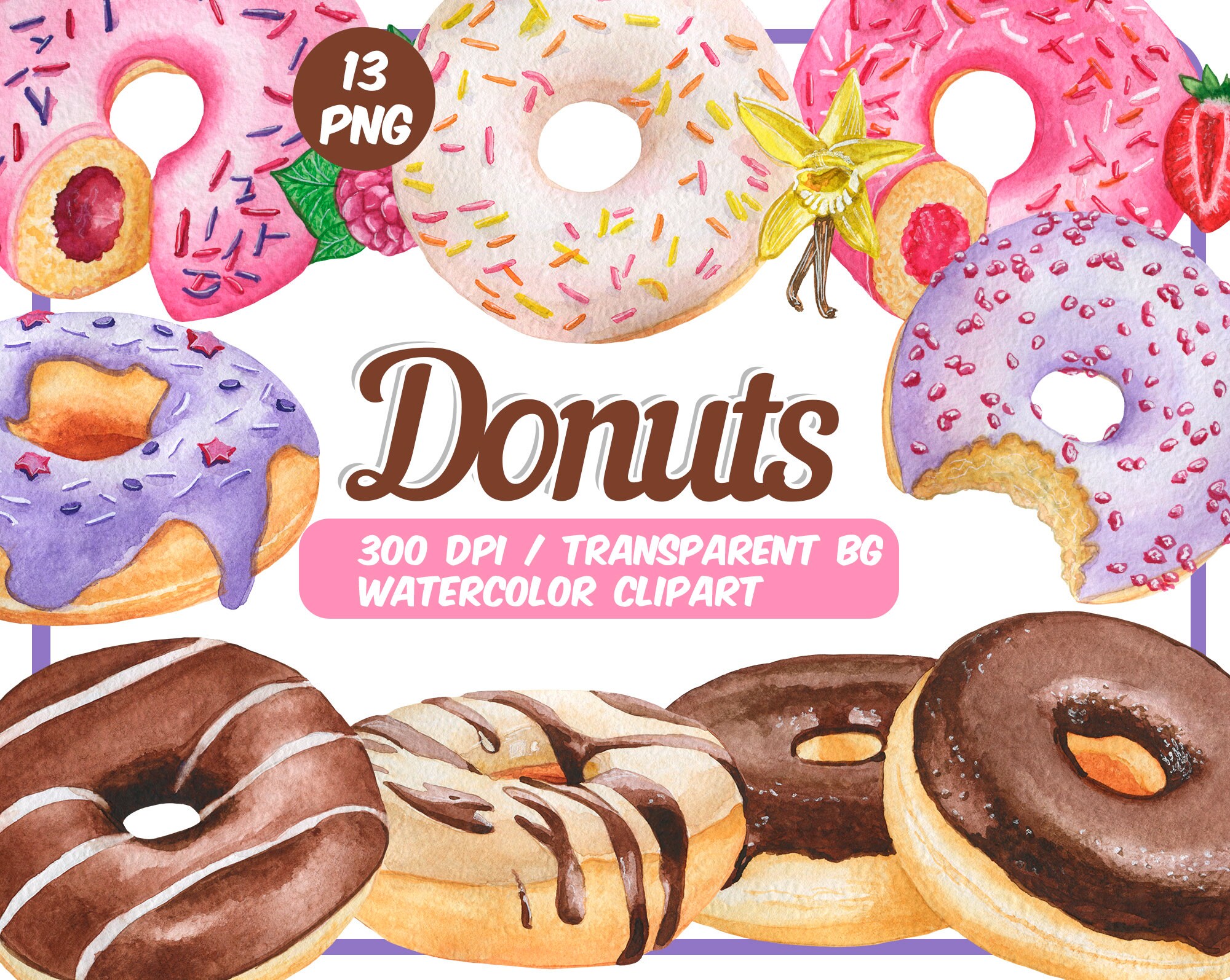 Donut Watercolor Clipart pastel Donuts-sweet Bakery - Etsy