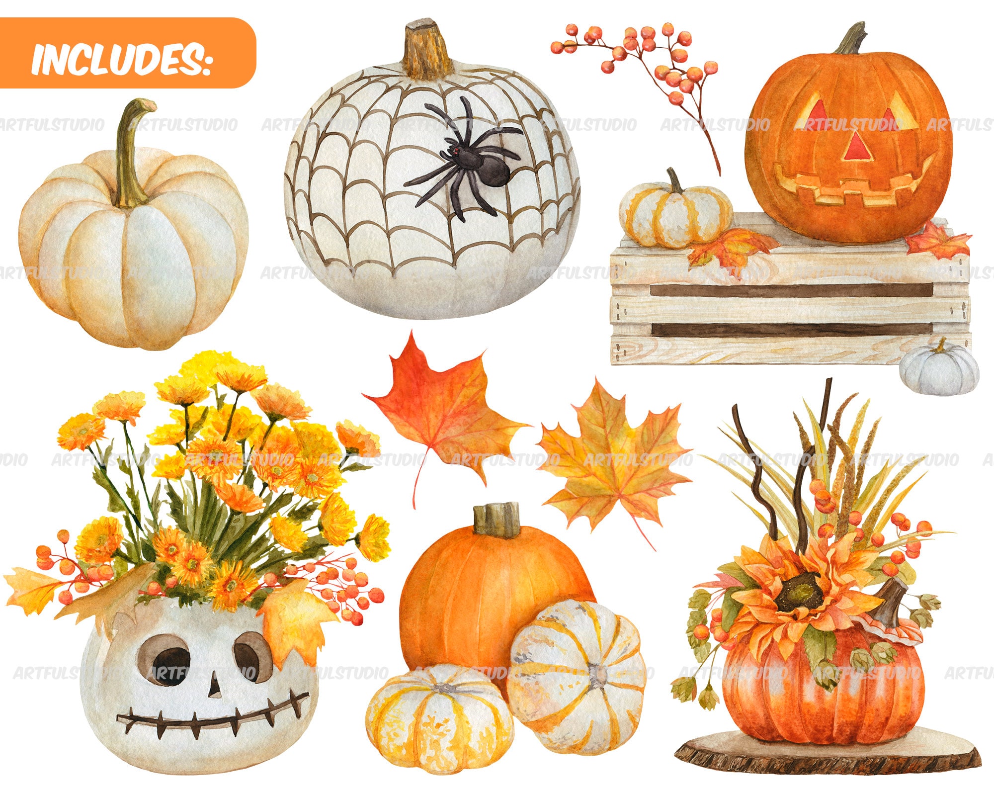 Watercolor Halloween Pumpkin Clipart: Autumn Floral PNG (digital ...