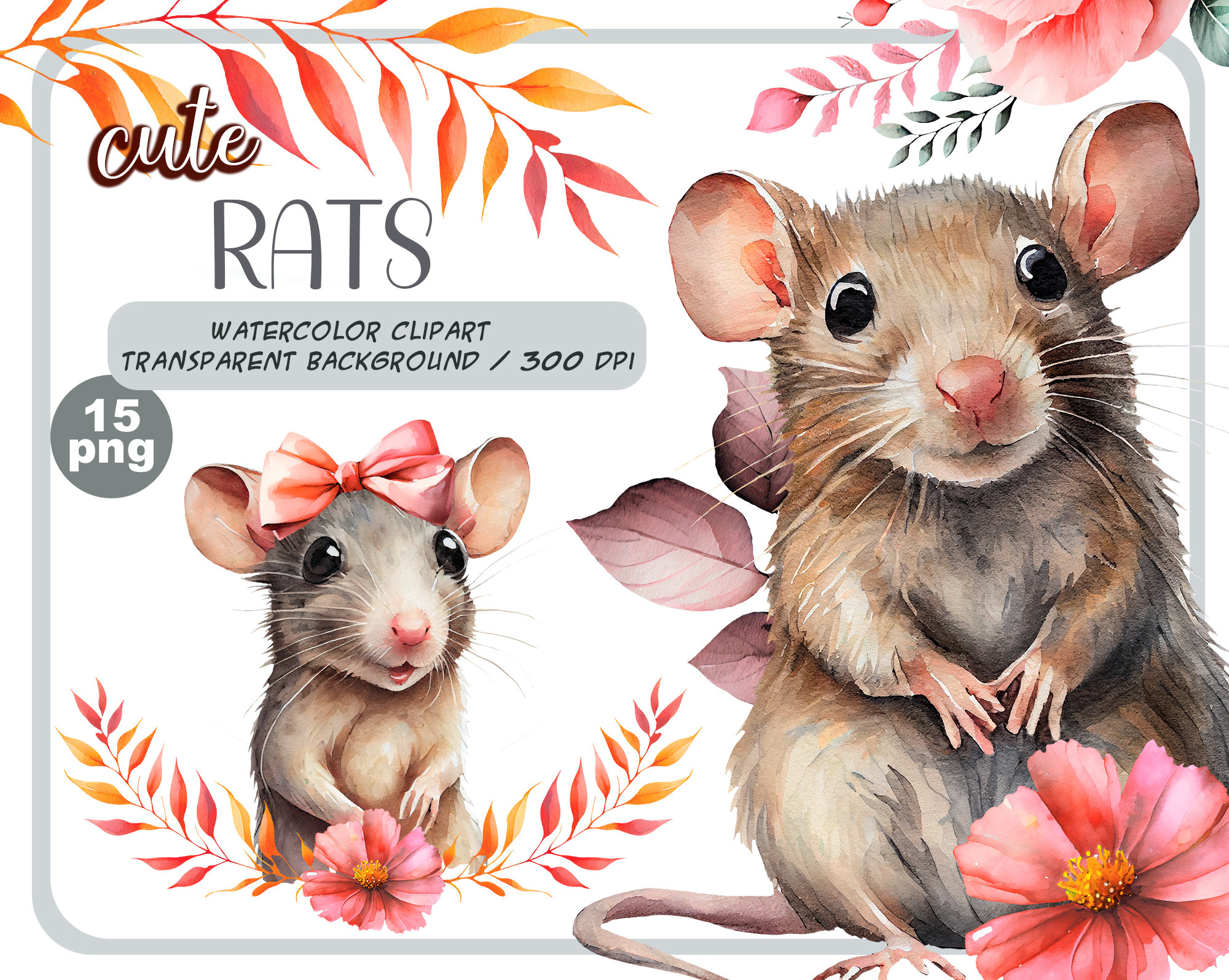 Watercolor Cute Baby Rats Clipart-realistic Mouse With Flower-baby ...