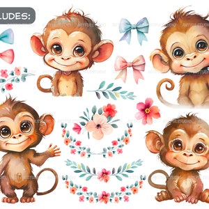 Watercolor Cute Baby Monkeys Clipart-realistic Monkey With Flower-baby ...