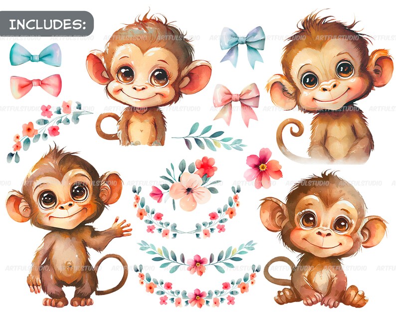 Watercolor Baby Monkey Clipart: Floral Nursery Art (digital Download ...