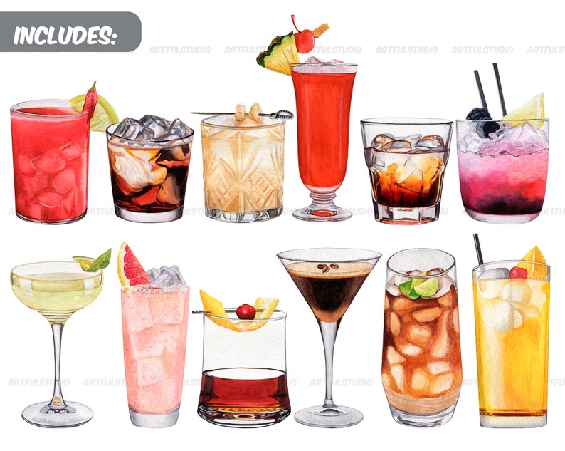 Watercolor Cocktails Clipart-signature Cocktails-alcoholic Drinks ...