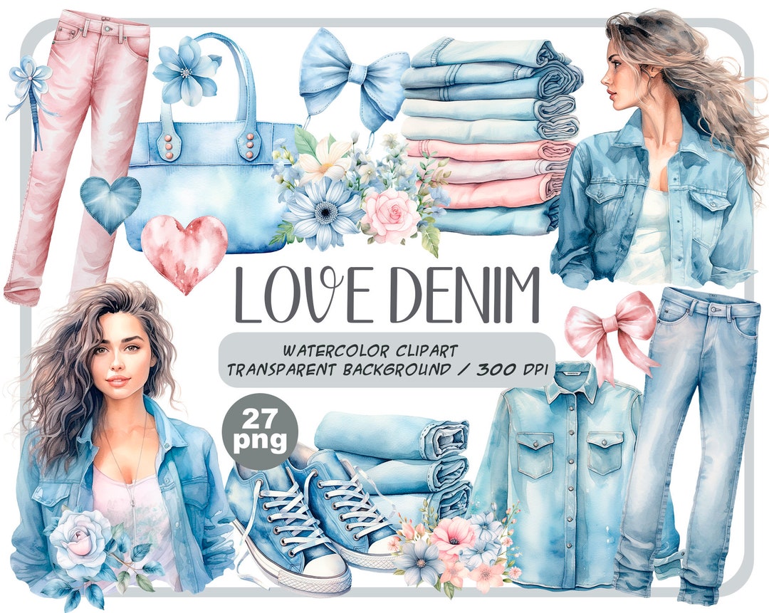 Watercolor Love Denim Clipart - Denim Items: Clothing, Jeans, Shirt ...
