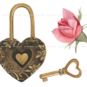 Watercolor Vintage Heart Keys and Locks Clip Art-bronze Antique Keys ...
