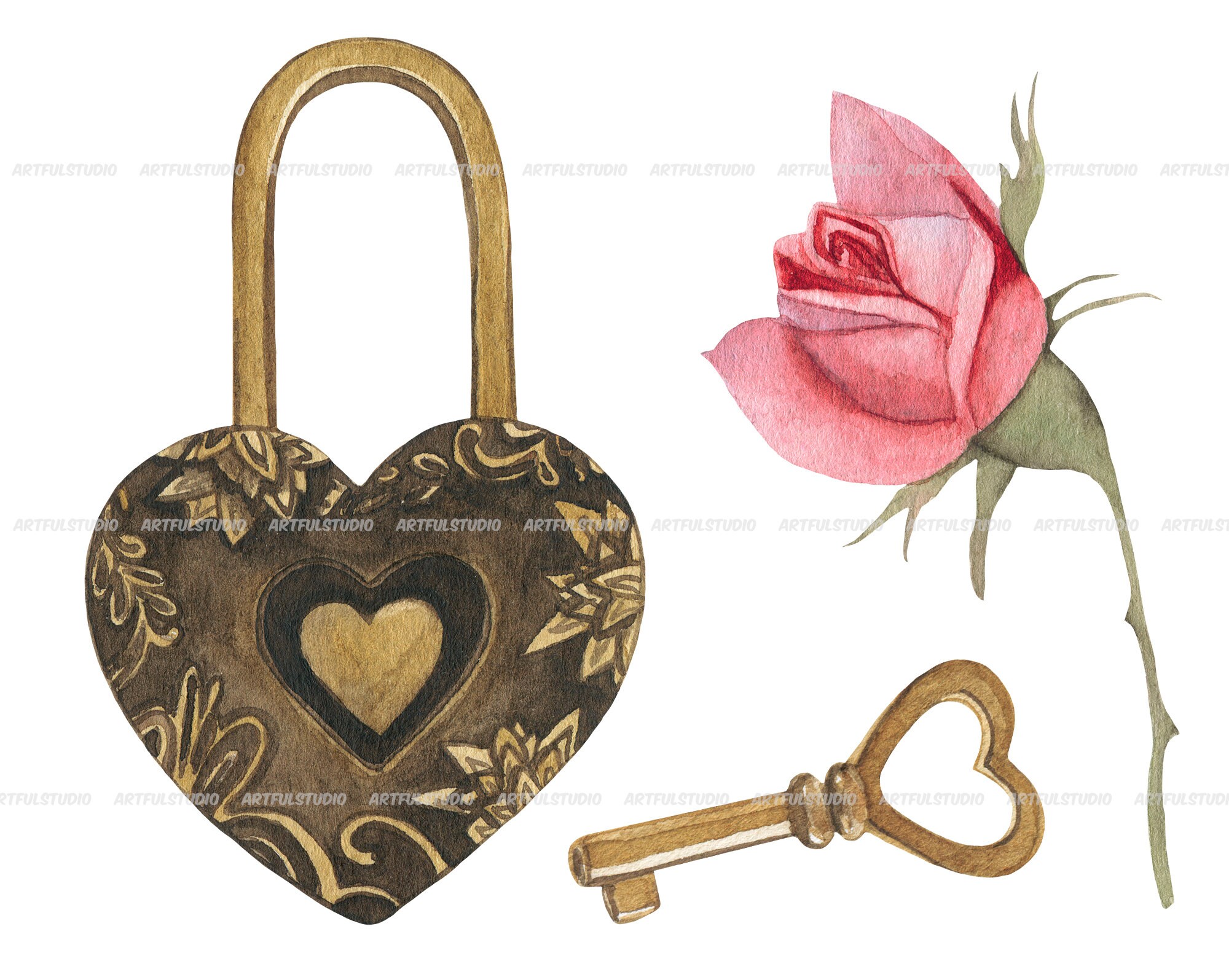 Watercolor Vintage Heart Keys and Locks Clip Art-bronze Antique Keys ...