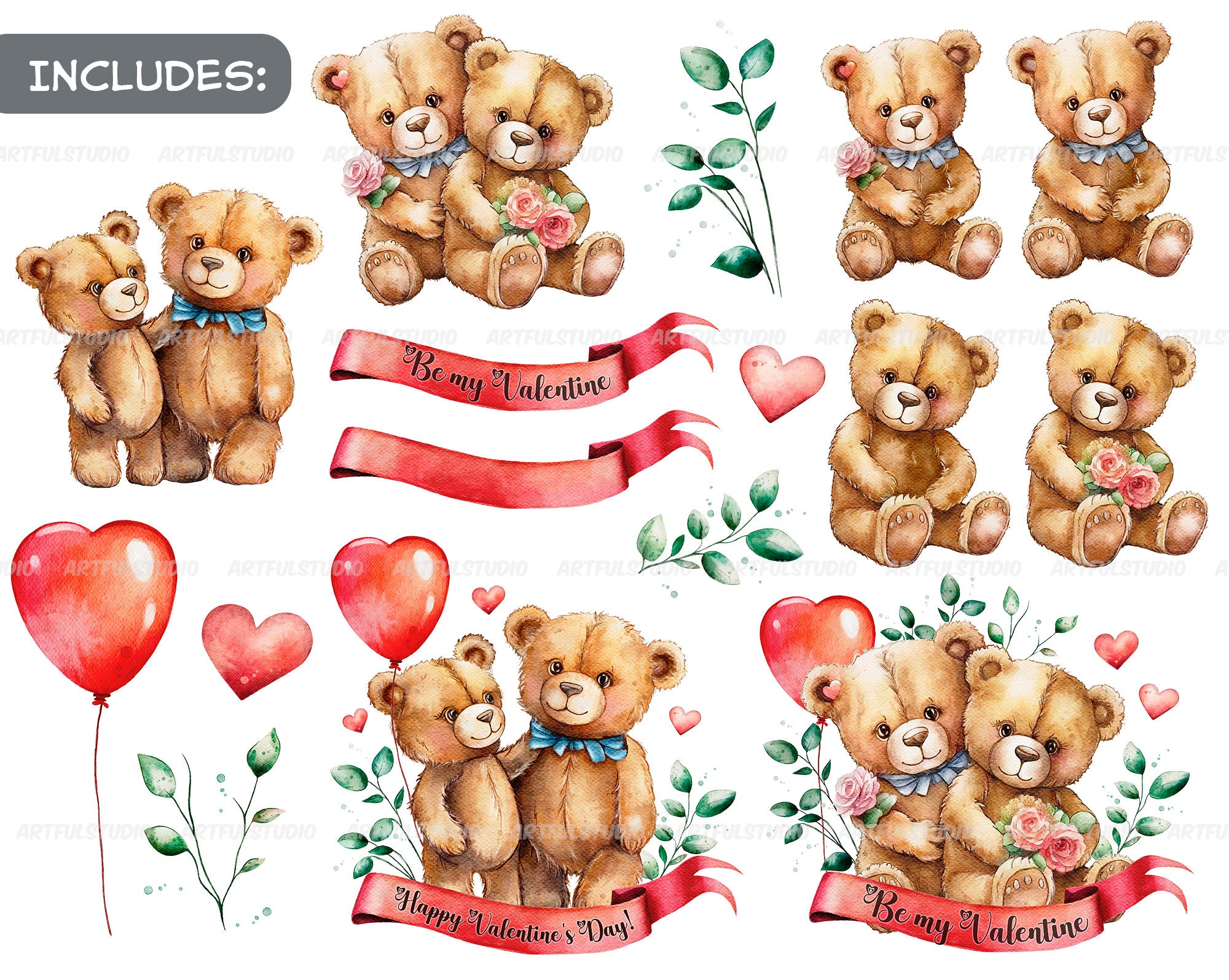 Watercolor Valentine's Day Teddy Bear Clipart -love Bears Png-love ...