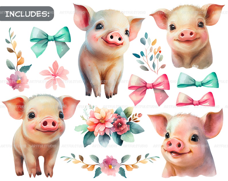 Watercolor Cute Baby Piglets Clipart-realistic Pigs With Flower ...