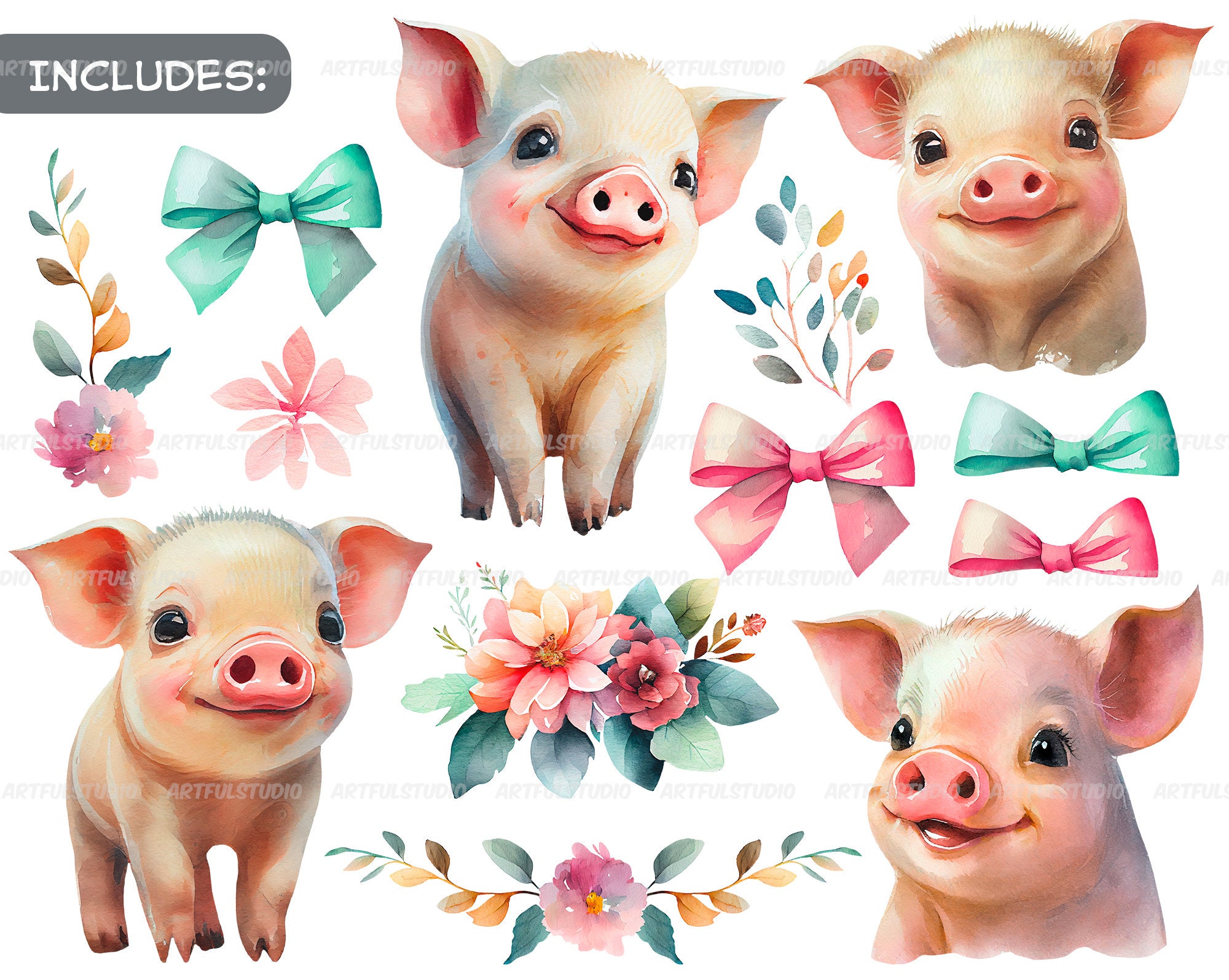 Watercolor Cute Baby Piglets Clipart-realistic Pigs With Flower ...