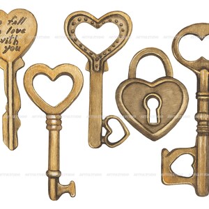 Watercolor Vintage Heart Keys and Locks Clip Art-bronze Antique Keys ...