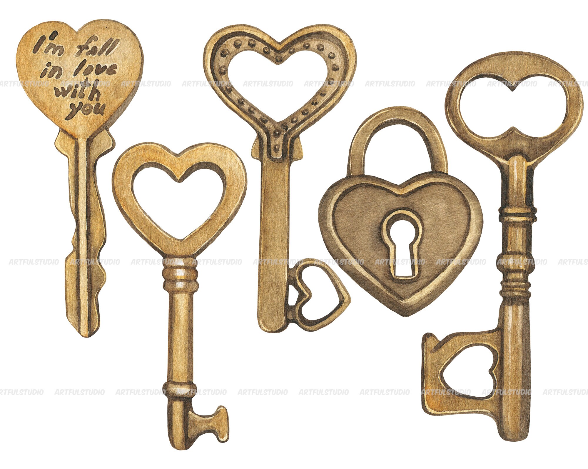 Watercolor Vintage Heart Keys and Locks Clip Art-bronze Antique Keys ...