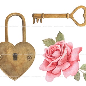 Watercolor Vintage Heart Keys and Locks Clip Art-bronze Antique Keys ...