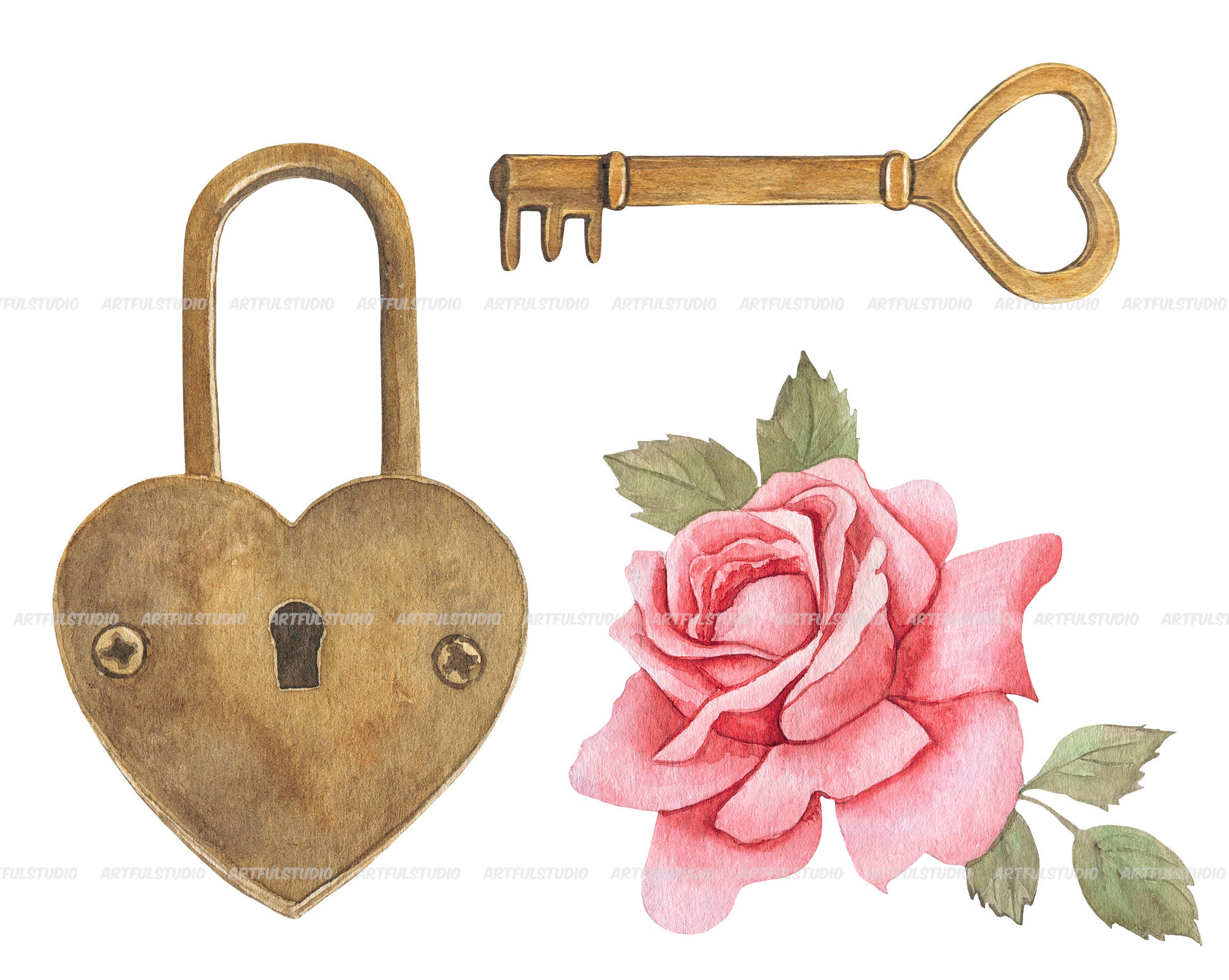 Watercolor Vintage Heart Keys and Locks Clip Art-bronze Antique Keys ...