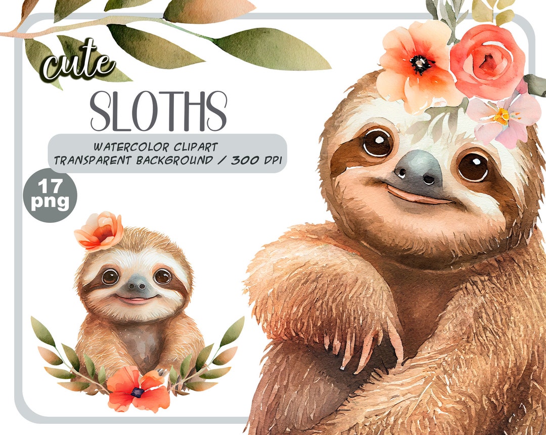 Watercolor Cute Baby Sloths Clipart-realistic Sloth With Flower-baby ...