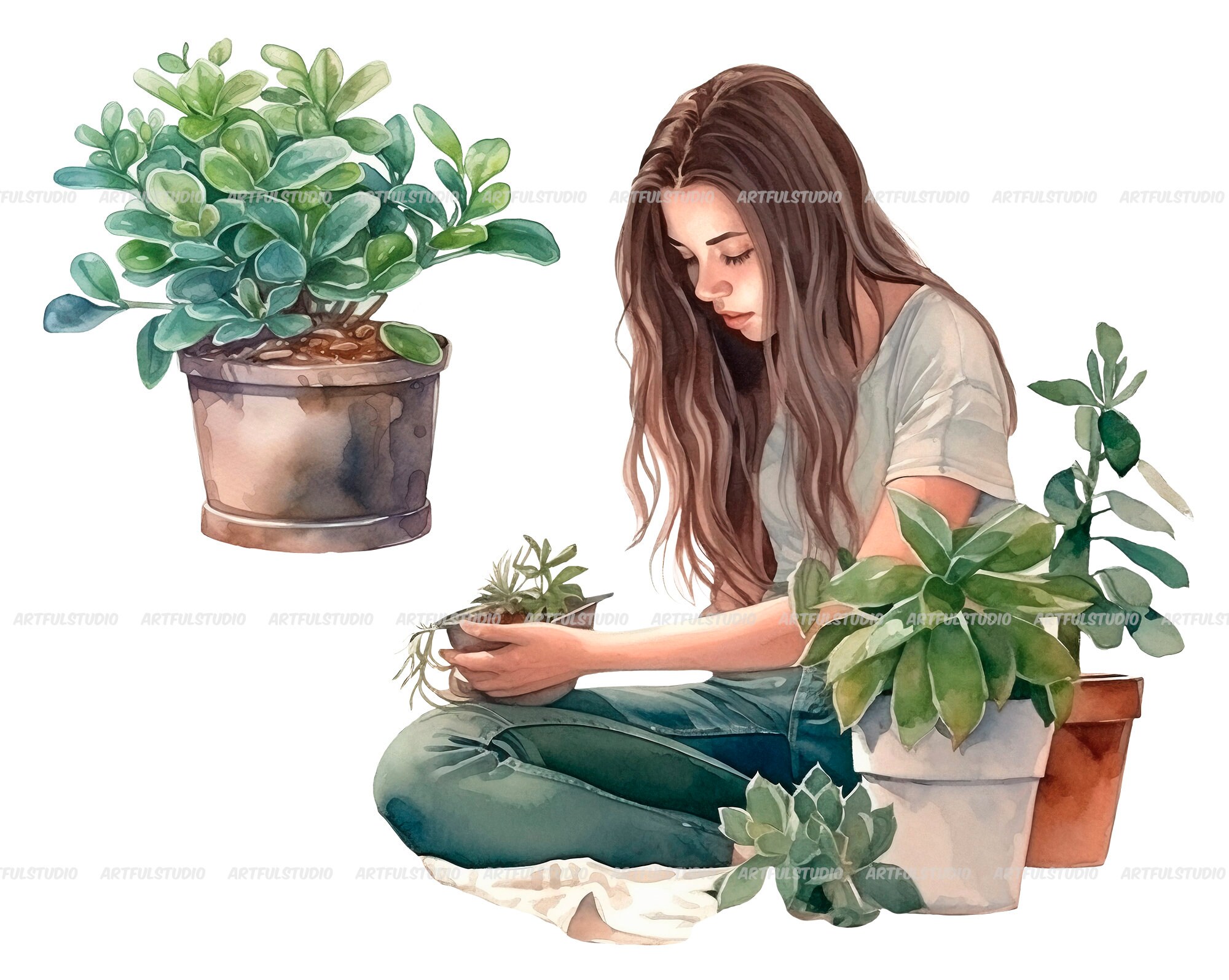 Watercolor Plant Lover Clipart Cute Succulents & Home Plants Png-potted ...