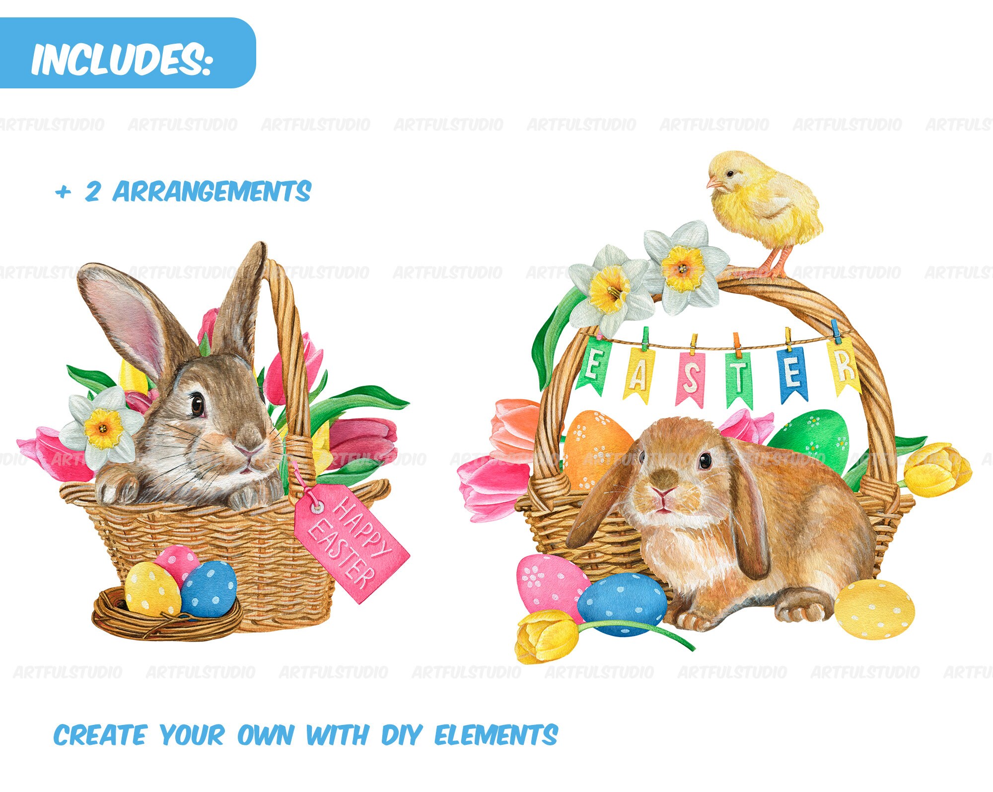 Watercolor Easter Clipart-realistic Cute Bunny-easter Rabbits, Wicker ...