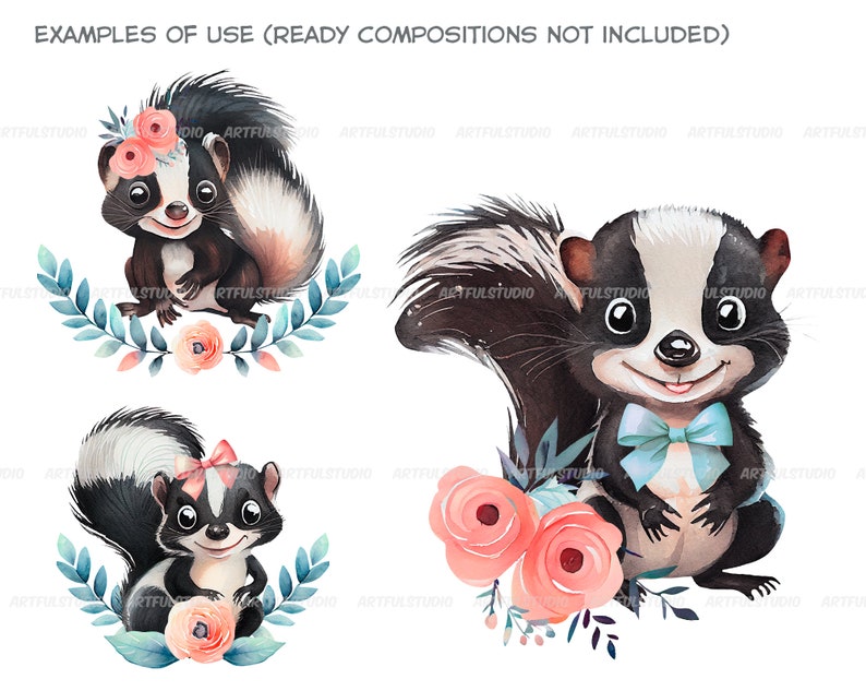 Watercolor Cute Baby Skunks Clipart-realistic Skunk With Flower-baby ...
