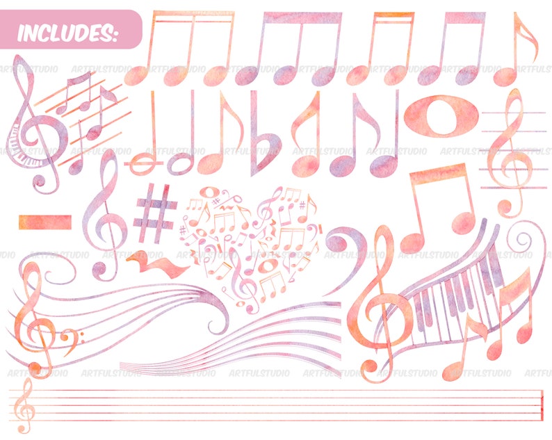Watercolor Musical Notes Clipart - Musical Key Png - Musical Notation ...