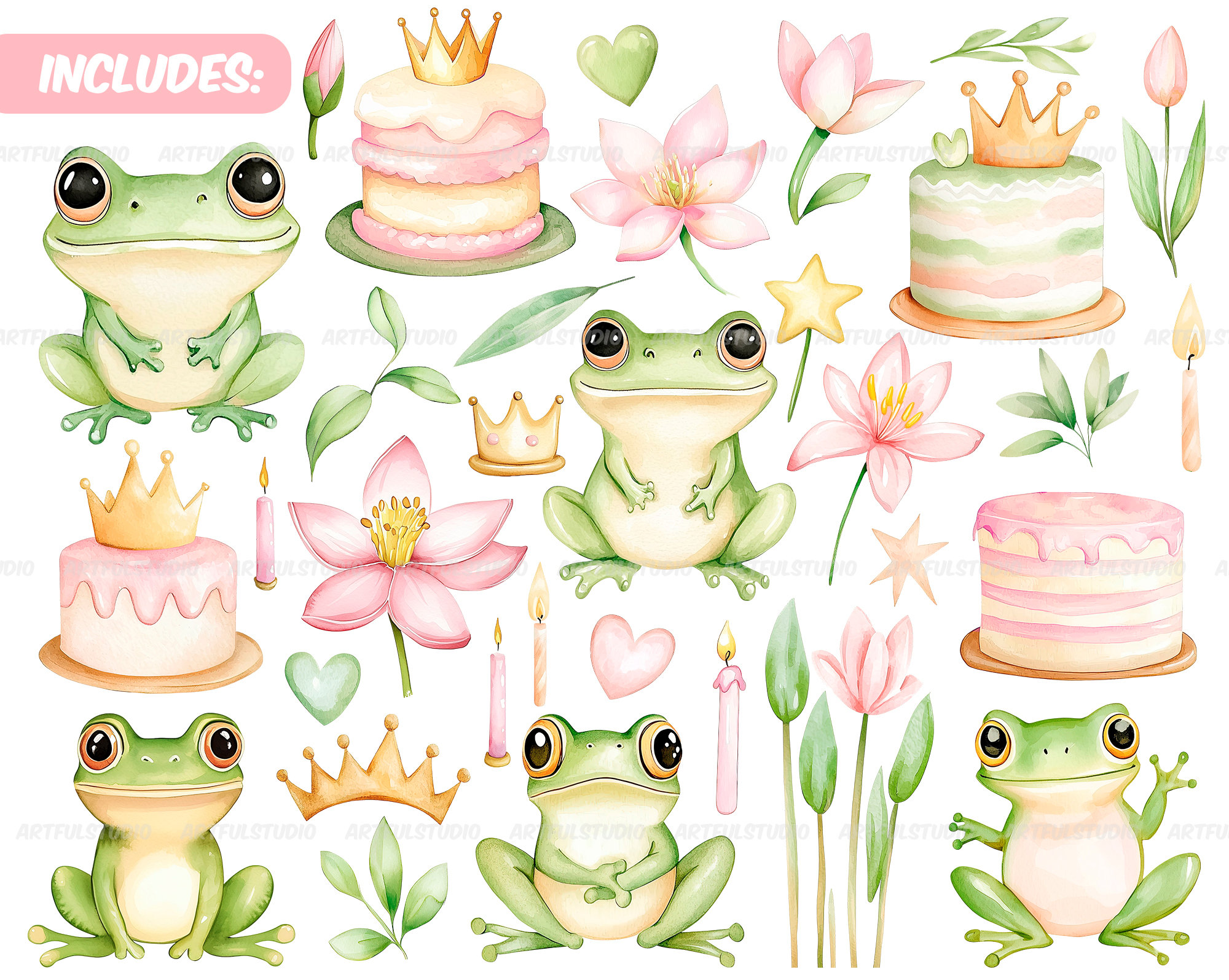 Watercolor Cute Baby Frog Clipart - Cartoon Frogs Party Decor - Baby ...