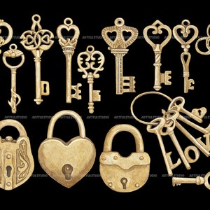 Watercolor Vintage Keys and Locks Clip Art-bronze Antique Keys ...