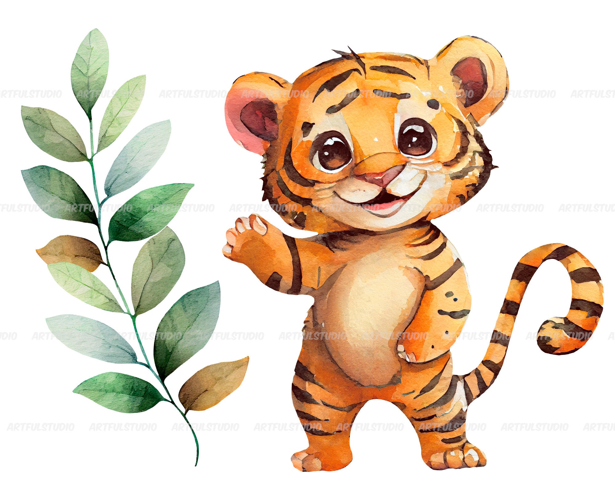 Watercolor Cute Baby Tigers Clipart - Realistic Tiger With Flower ...