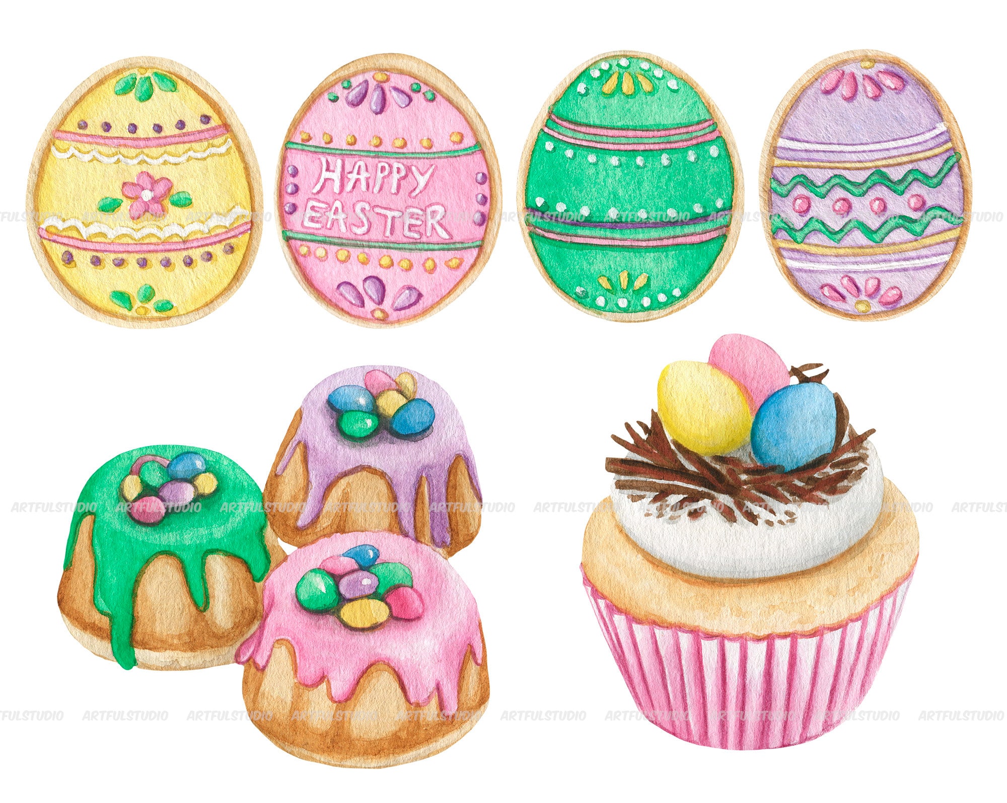 Watercolor Easter Sweets Clipart-easter Food-sweet Bunny-rabbit Pastel ...