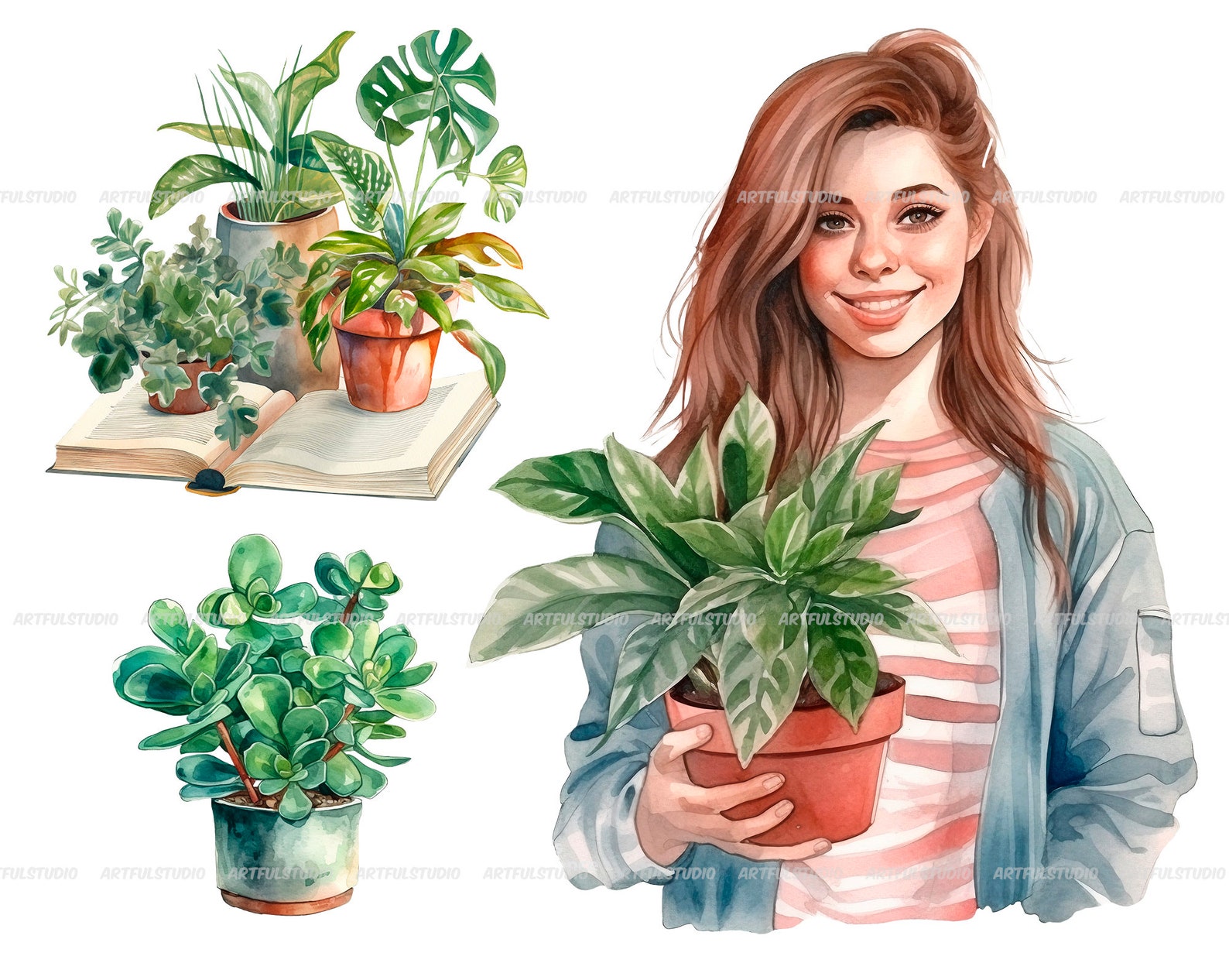 Watercolor Plant Lover Clipart Cute Succulents & Home Plants Png-potted ...