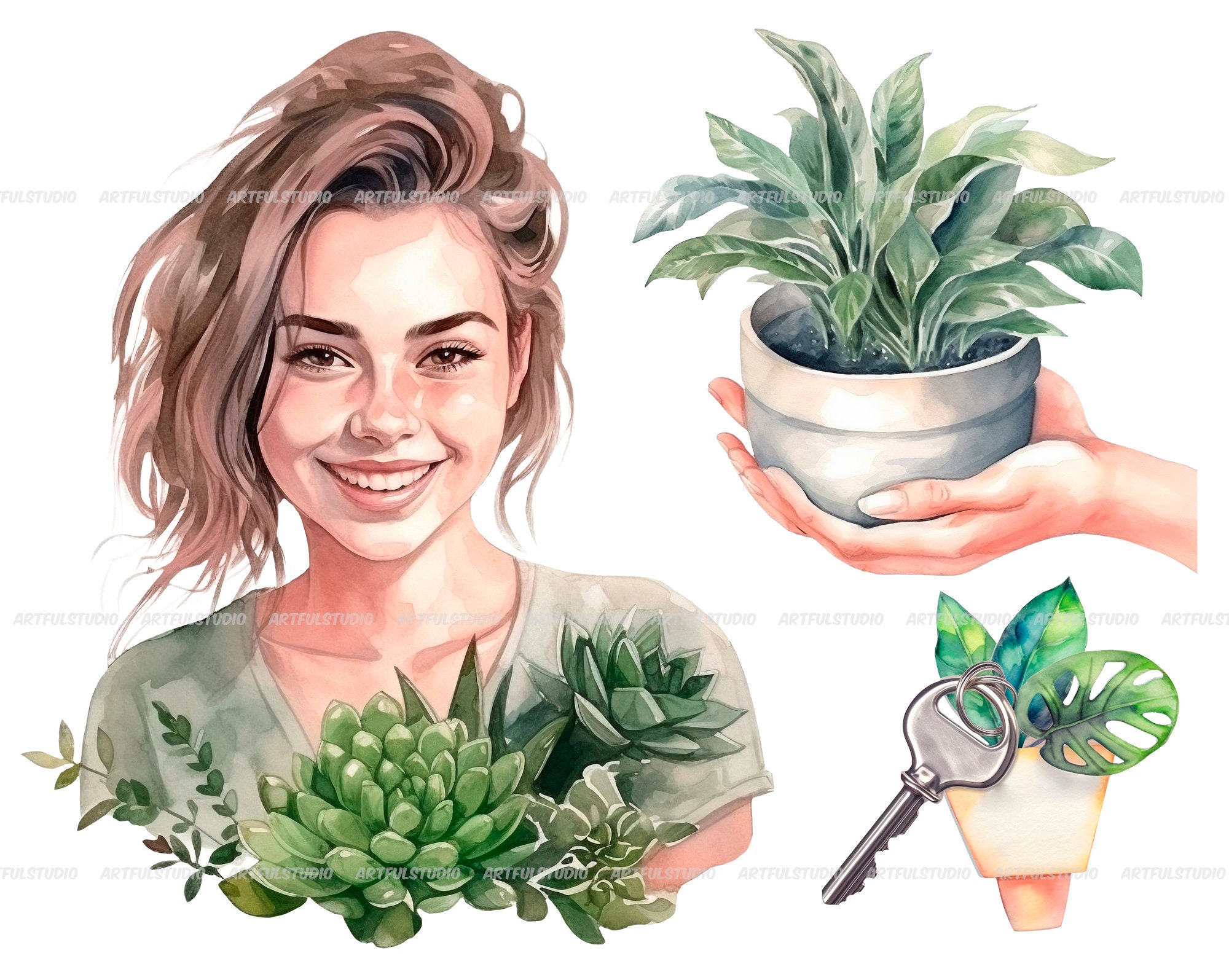 Watercolor Plant Lover Clipart Cute Succulents & Home Plants Png-potted ...