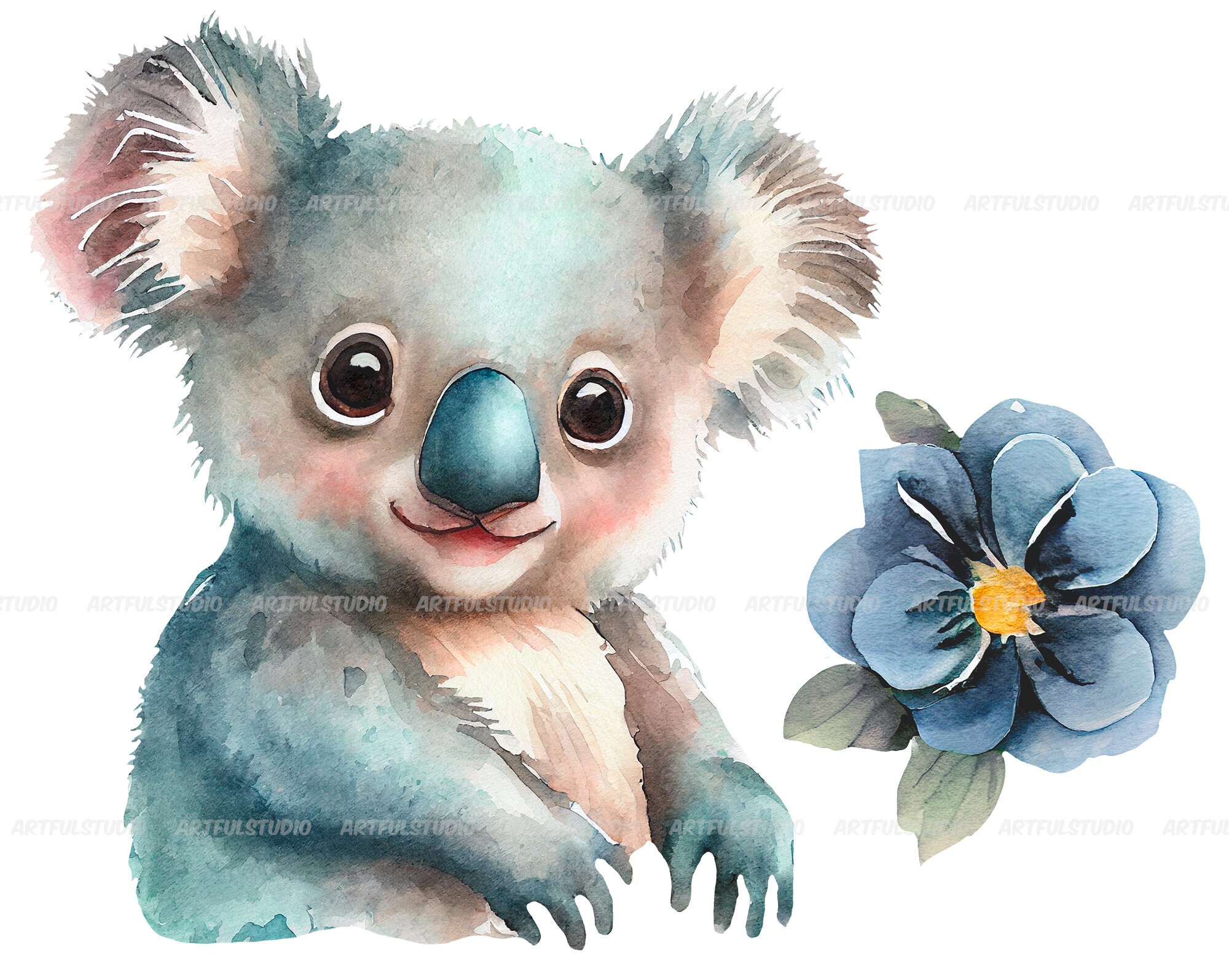 Watercolor Cute Baby Koalas Clipart-realistic Koala With Flower ...
