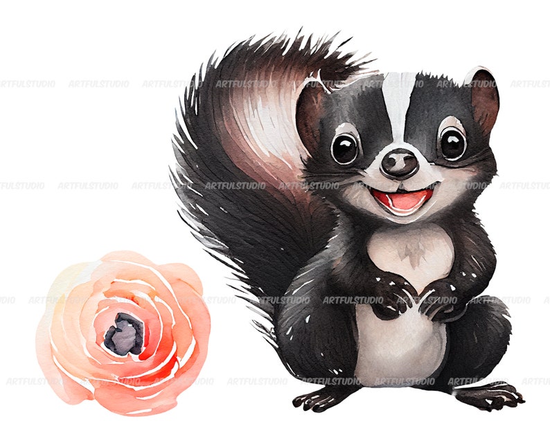 Watercolor Cute Baby Skunks Clipart-realistic Skunk With Flower-baby ...