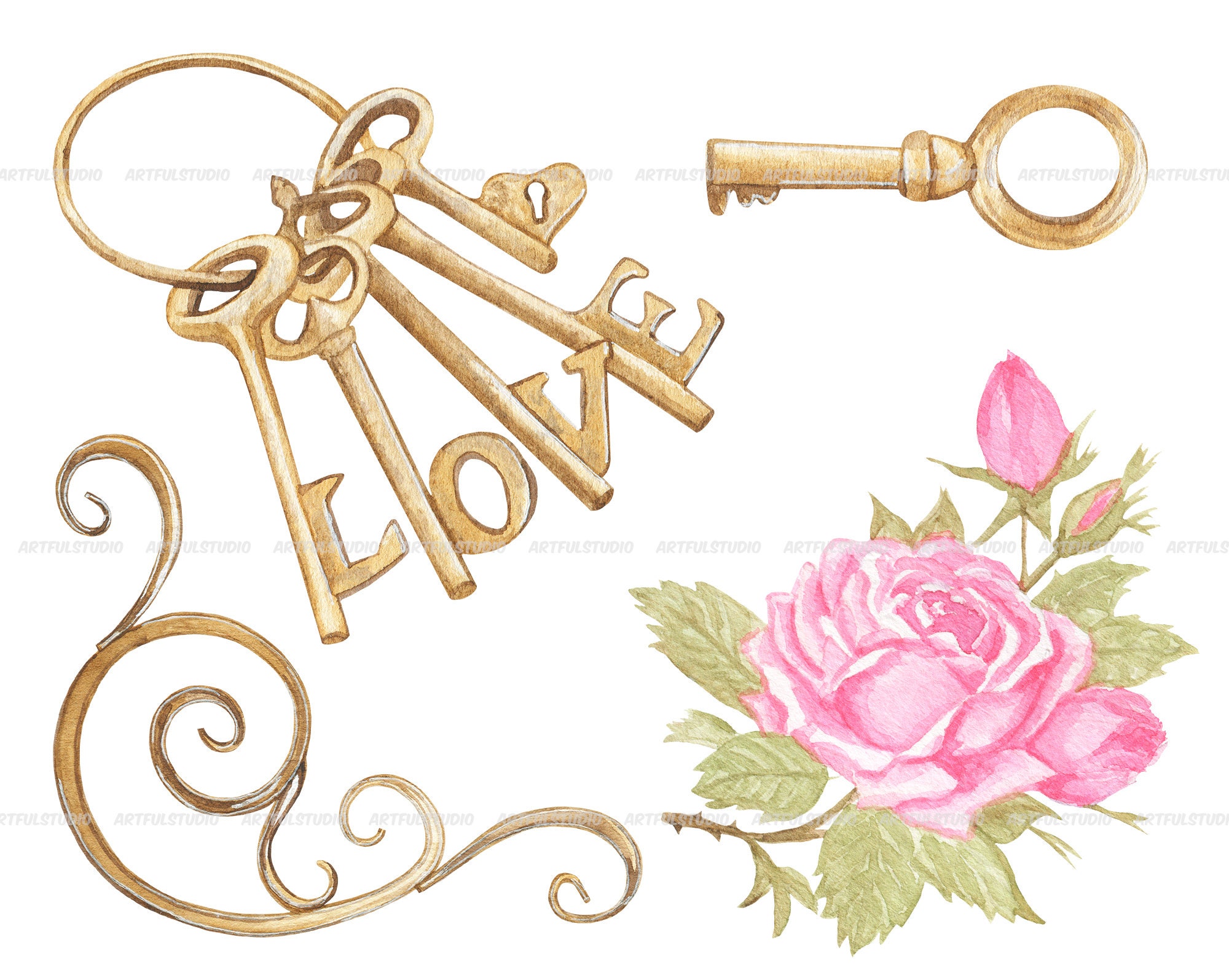 Watercolor Vintage Keys and Locks Clip Art-bronze Antique Keys ...