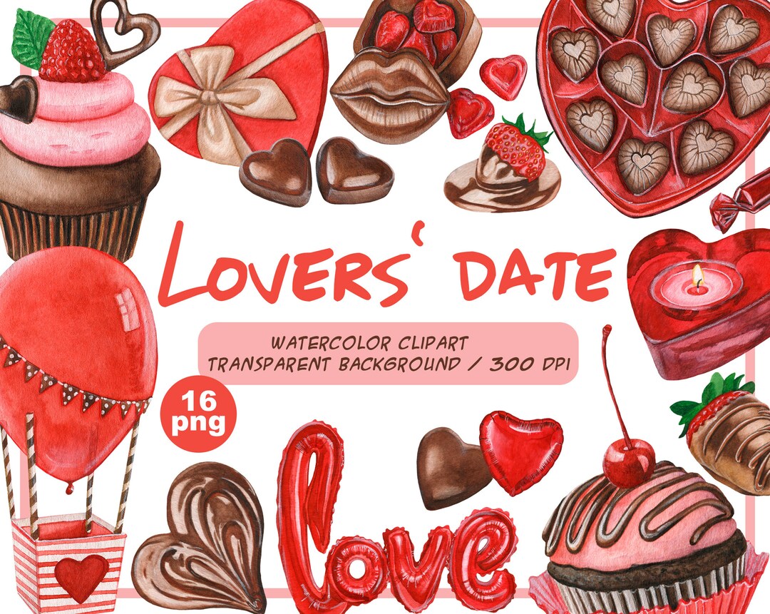 Watercolor Valentine's Day Sweets Clipart Set, Chocolate Hearts Png ...