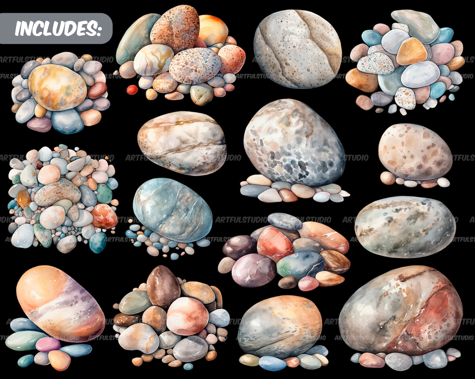 Watercolor Beach Pebbles Clipart: Stone Graphics (PNG Digital Download ...