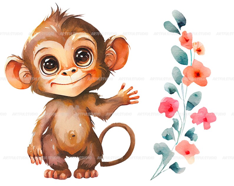 Watercolor Cute Baby Monkeys Clipart-realistic Monkey With Flower-baby ...