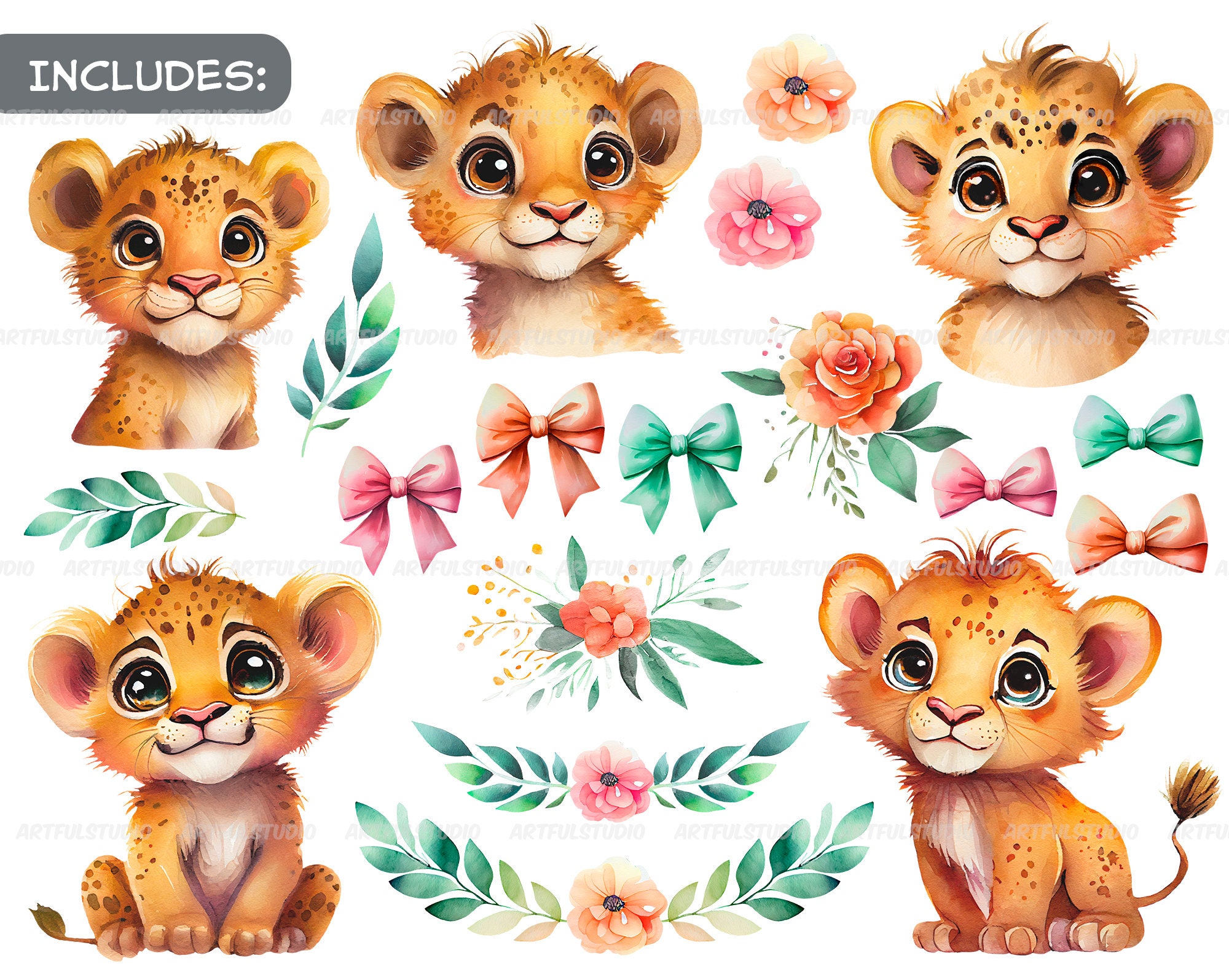 Watercolor Cute Baby Lions Clipart-realistic Lion With Flower-baby ...