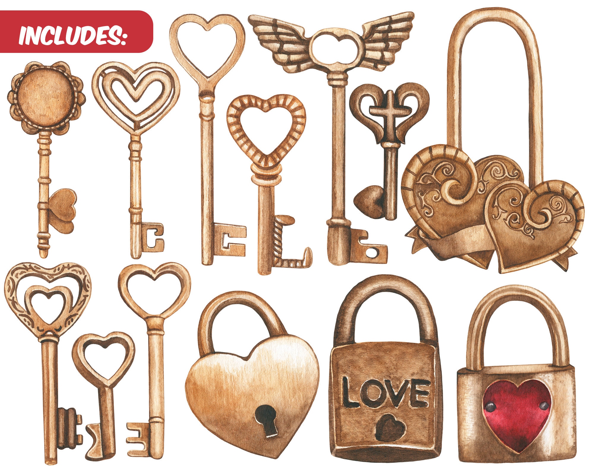 Watercolor Vintage Heart Keys and Locks Clip Art-bronze Antique Keys ...
