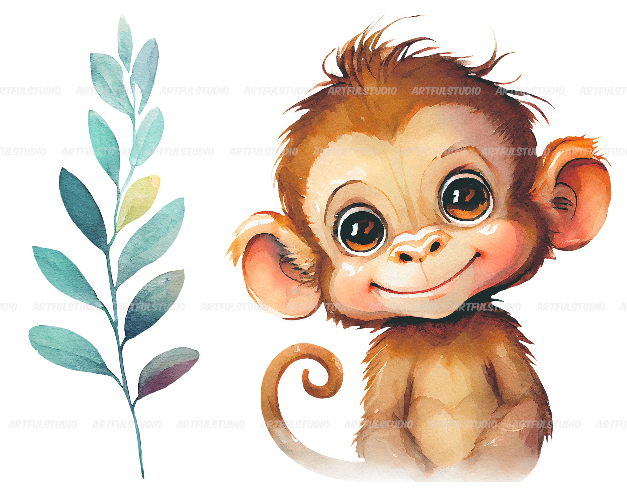 Watercolor Cute Baby Monkeys Clipart-realistic Monkey With Flower-baby ...