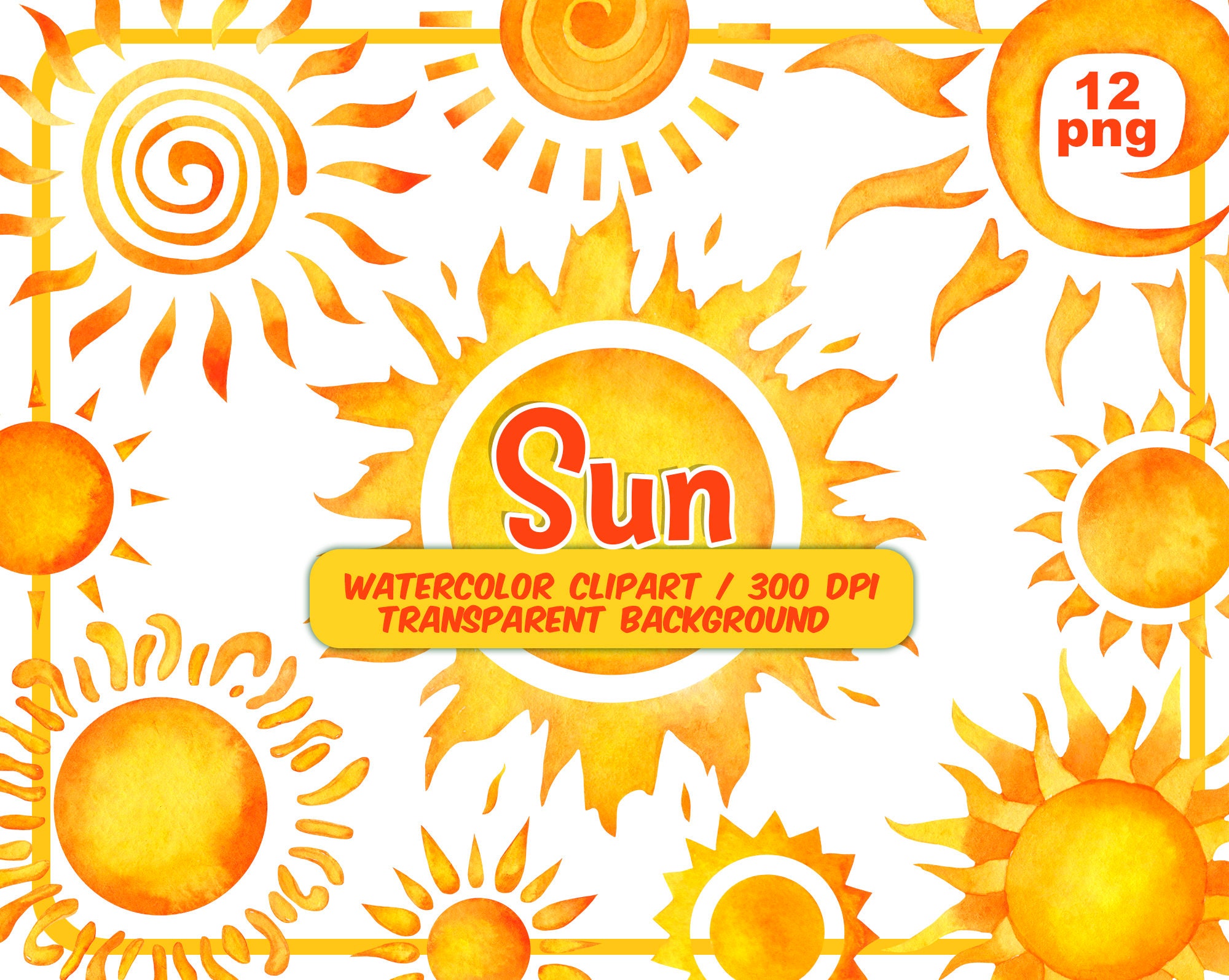 Watercolor Sun Clipart Bright Suns PNG Illustrations Weather Digital ...