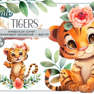Watercolor Cute Baby Tigers Clipart - Realistic Tiger With Flower - Baby Shower Graphics ...
