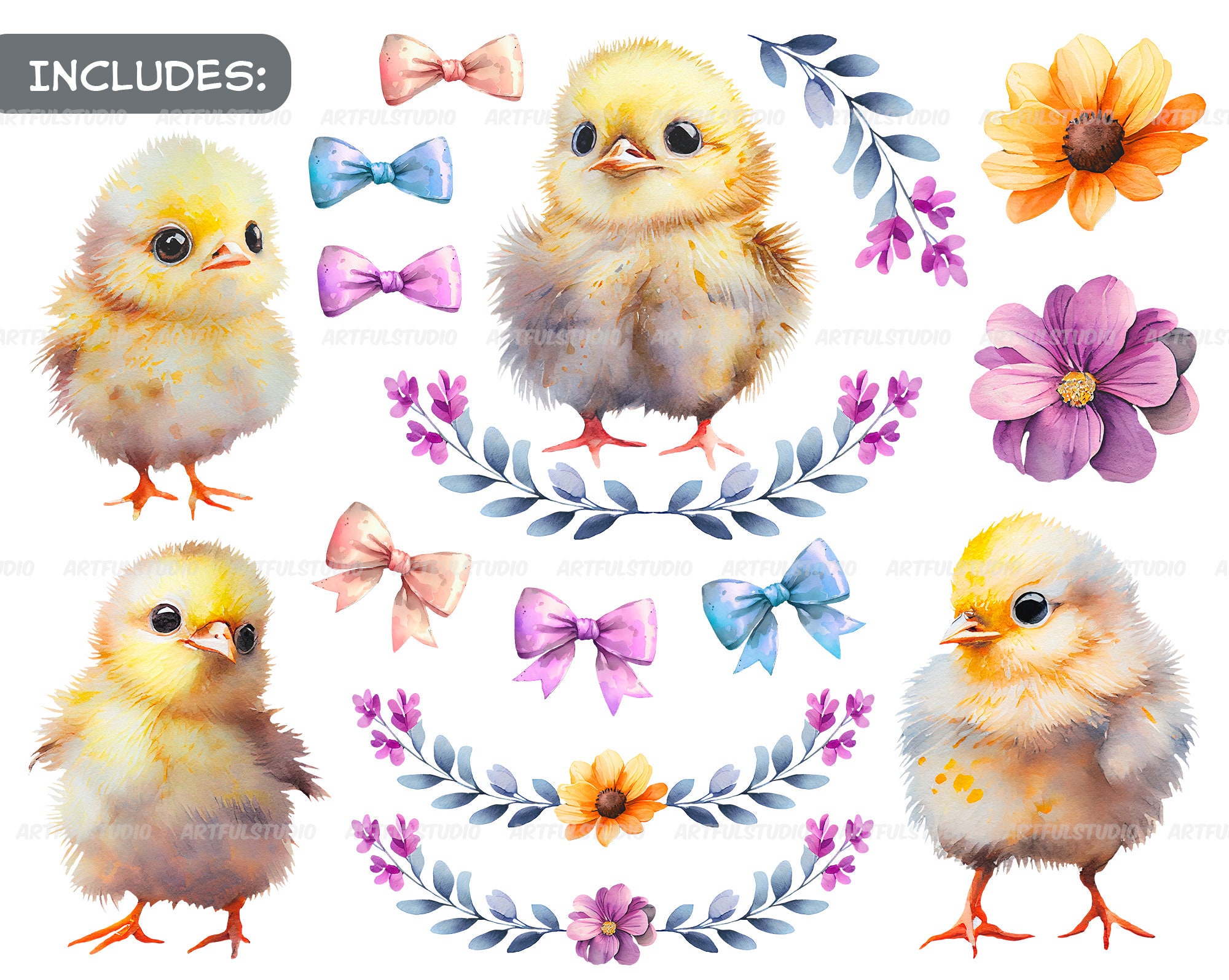 Watercolor Cute Baby Chickens Clipart-realistic Chicks With Flower-baby ...