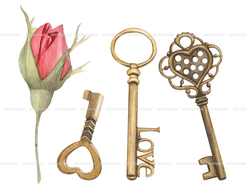 Watercolor Vintage Heart Keys and Locks Clip Art-bronze Antique Keys ...
