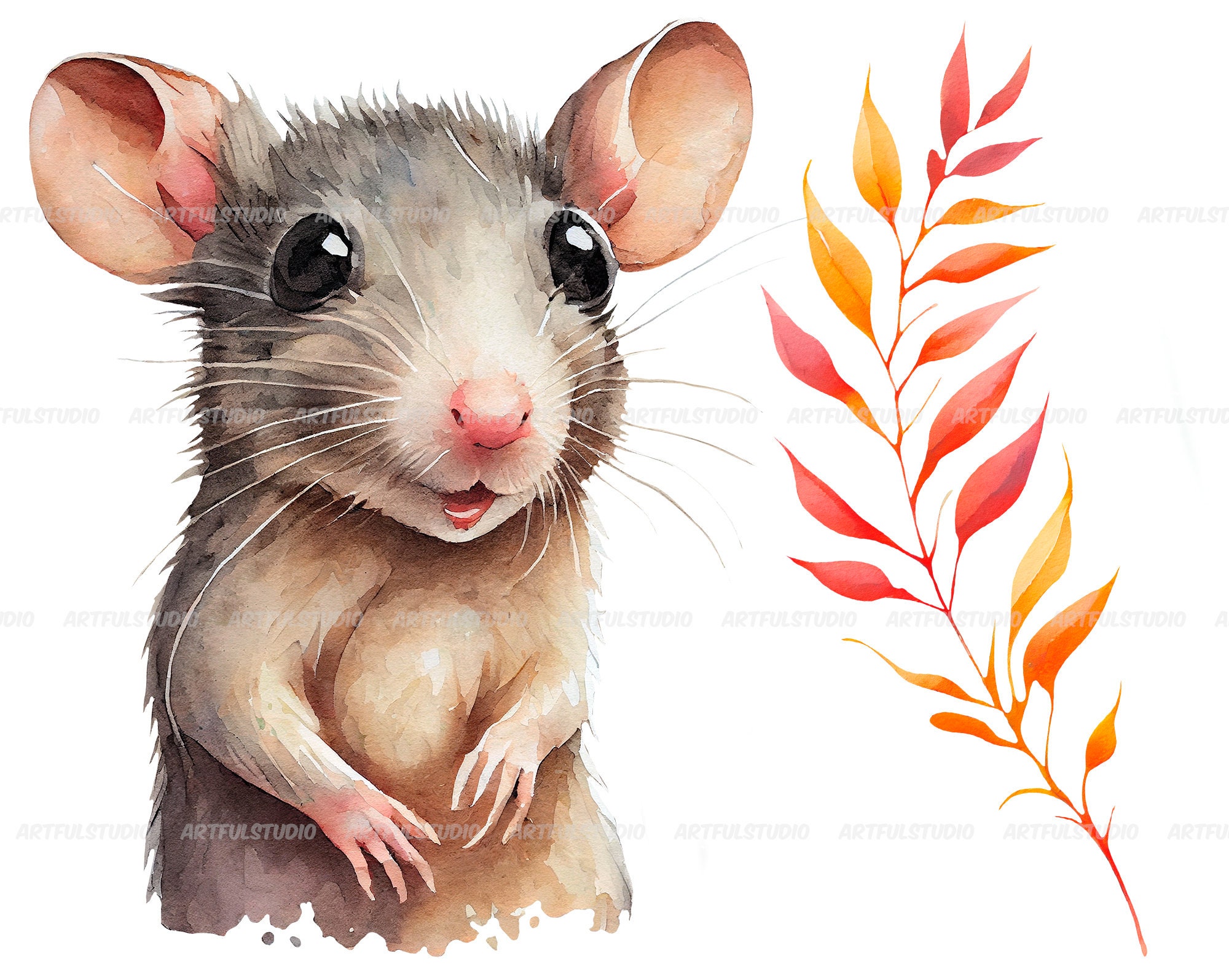 Watercolor Cute Baby Rats Clipart-realistic Mouse With Flower-baby ...
