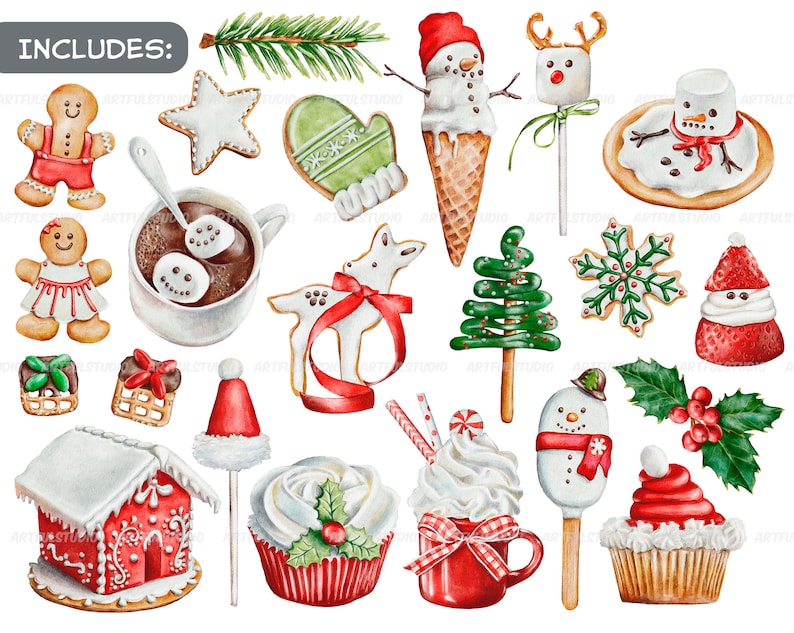 Watercolor Christmas Sweets Clipart: Holiday Desserts (PNG) - Etsy