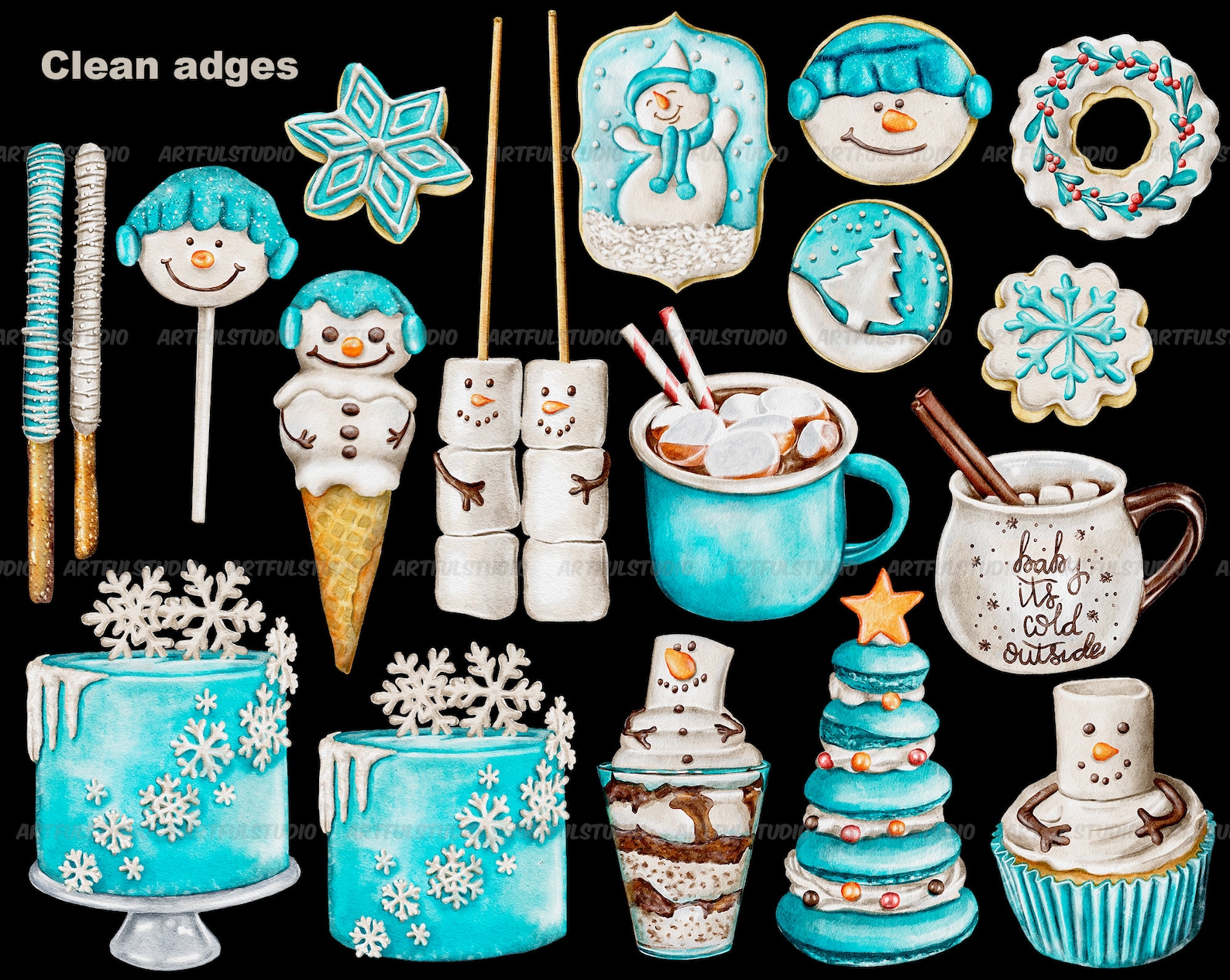 Watercolor Turquoise Christmas Sweets Clipart Snowman Holiday Food ...