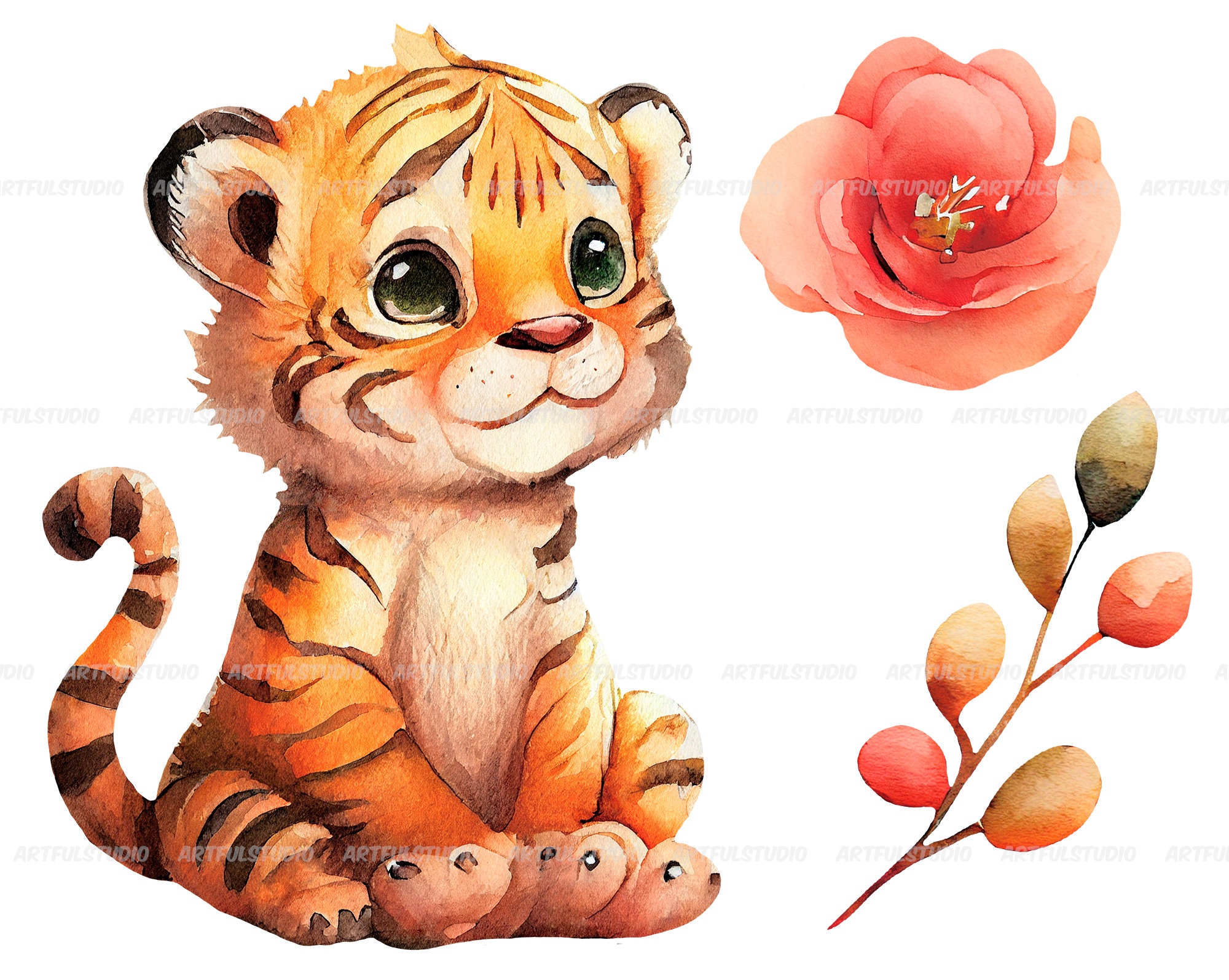 Watercolor Cute Baby Tigers Clipart Realistic Tiger With Flower Baby ...