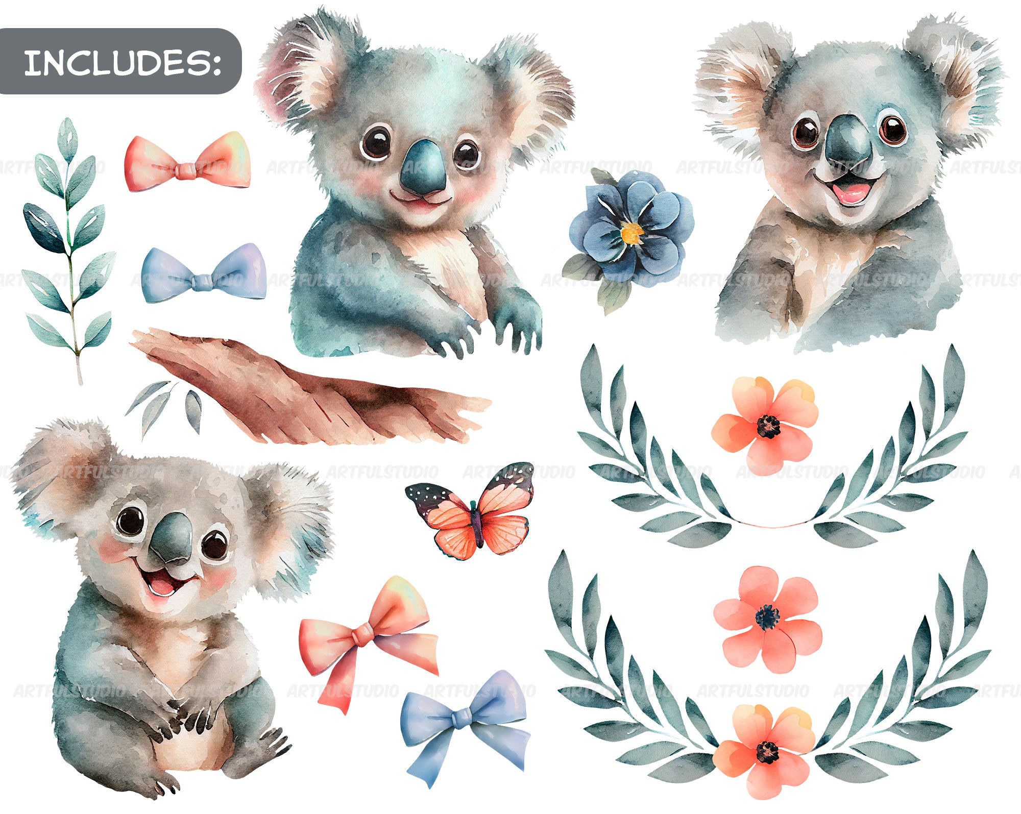 Watercolor Cute Baby Koalas Clipart-realistic Koala With Flower ...