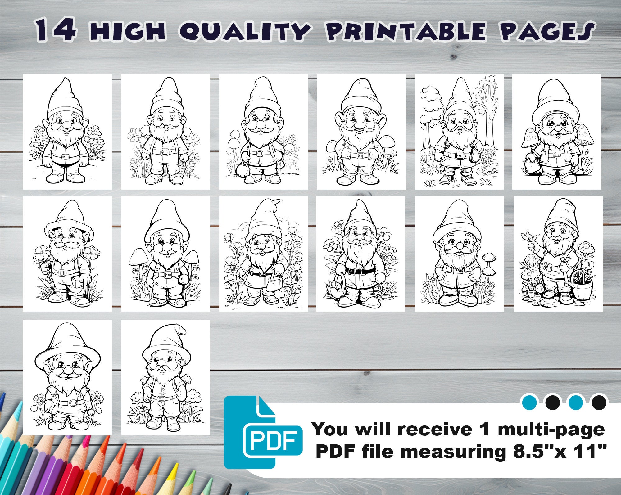 Garden Gnome PDF Coloring Book Printable Colouring Pages for Kids Cute ...