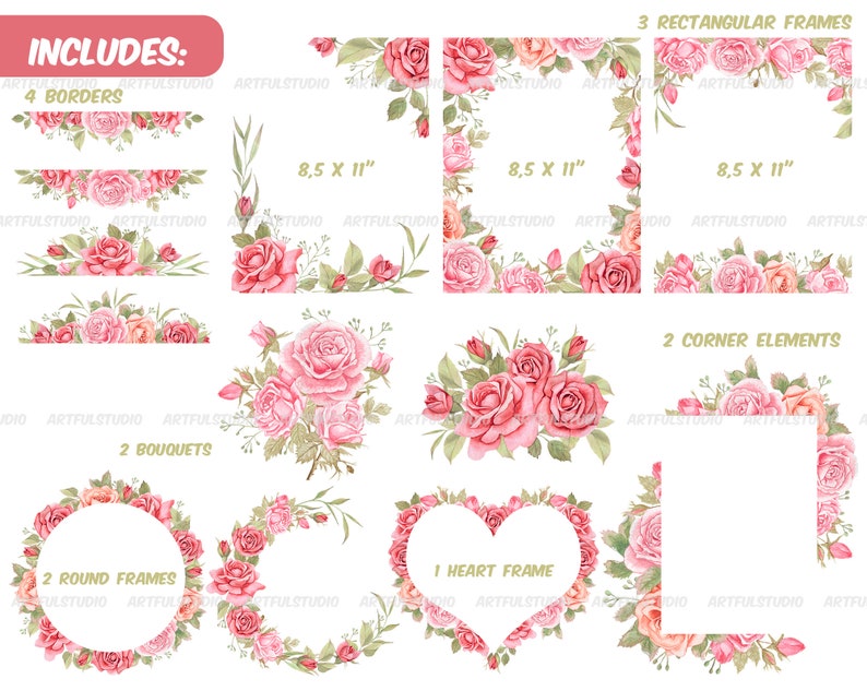 Watercolor Vintage Roses Frames Clipart Flower Arrangement Pink Floral ...